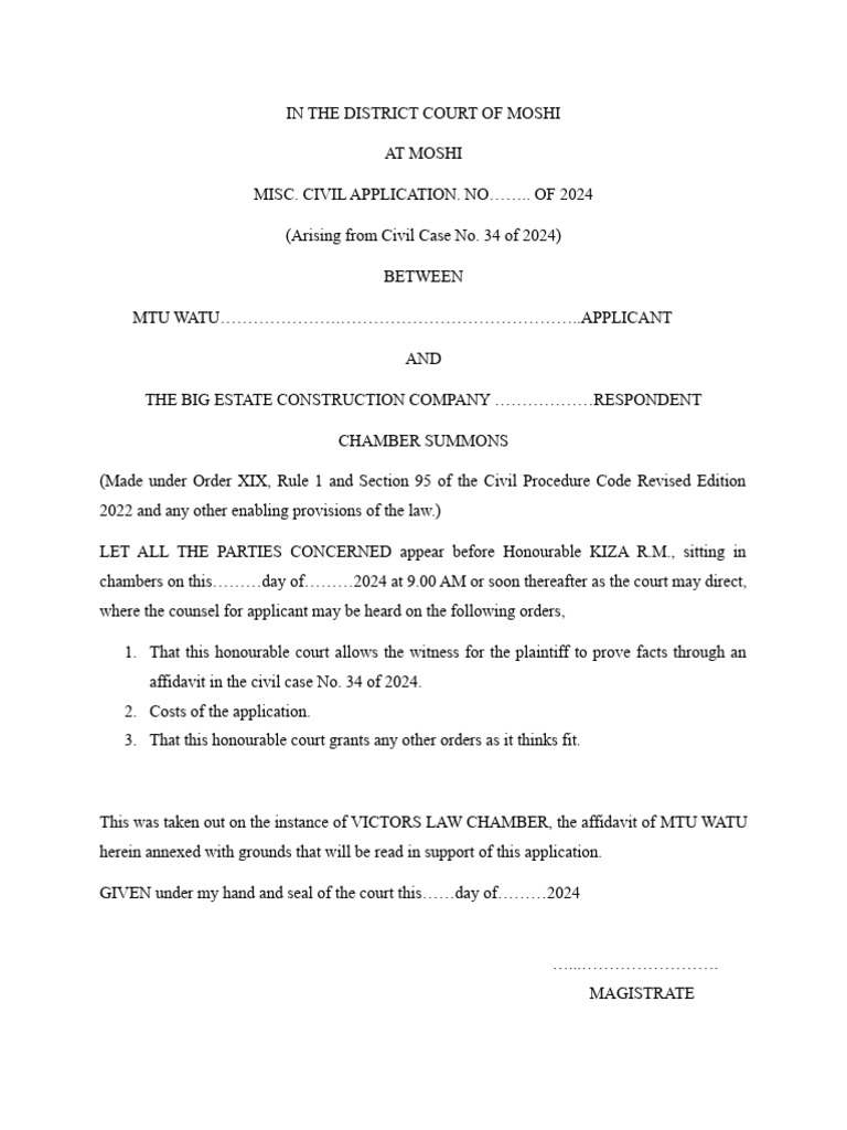 Chamber Summons & Affidavit | PDF | Affidavit | Civil Law (Common Law)