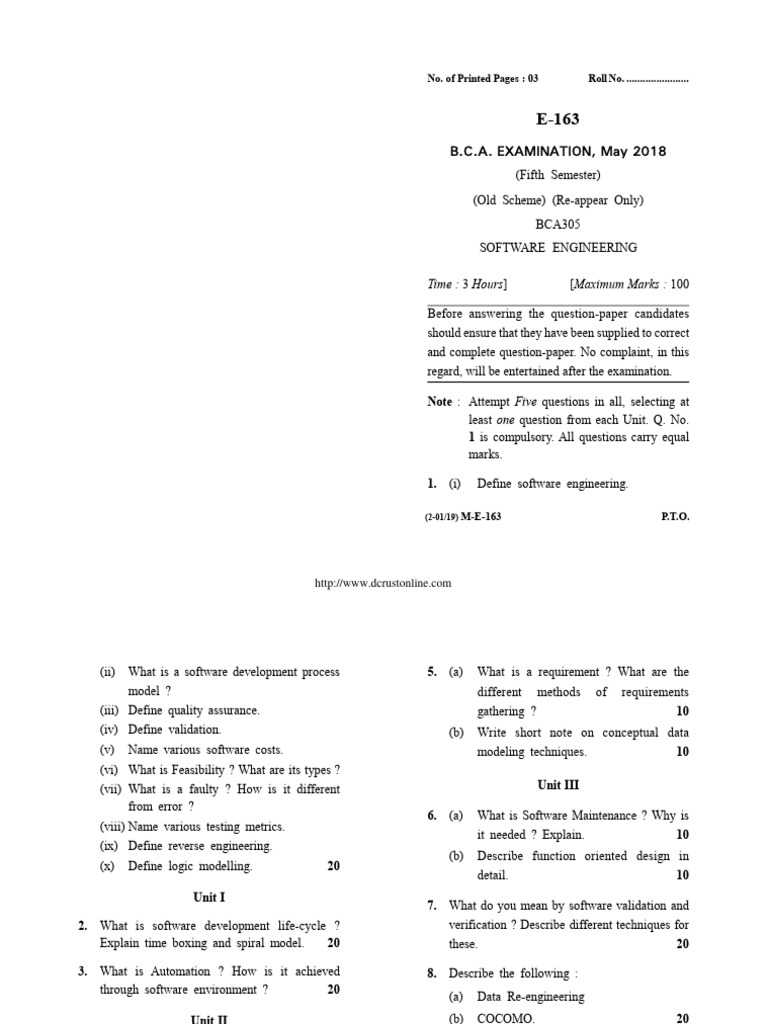 Bca 5 Sem Software Engineering Bca305 May 2018 | Download Free PDF | Software Engineering ...