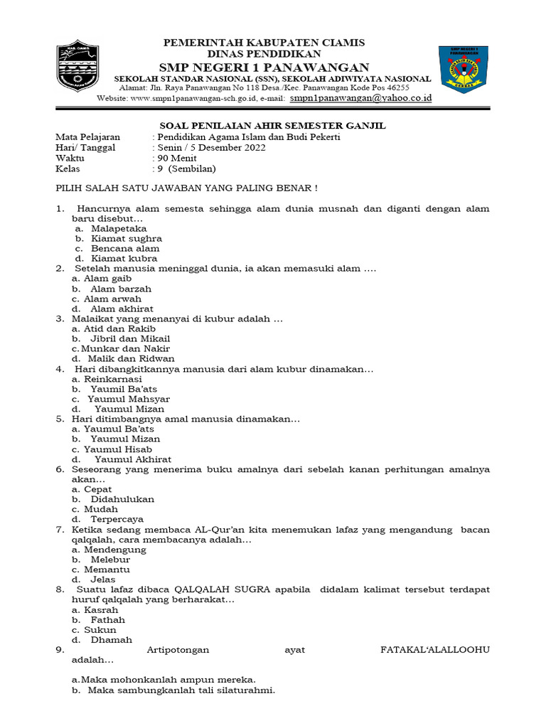 Soal Pas PAI Kls 9 SMT 1 | PDF