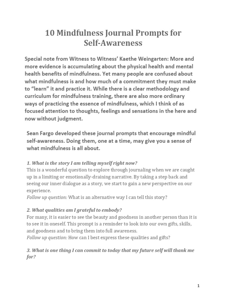 2 10 Mindfulness Journal Prompts For Self-Awareness | PDF | Mindfulness ...