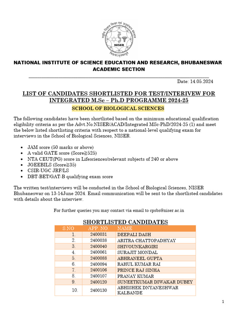 NISER 2024 PhD Shortlisted Candidates List | PDF | Qualifications ...