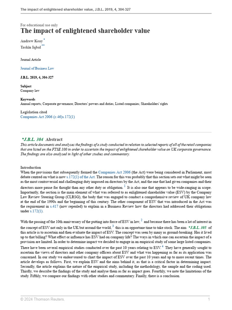 Impact of Enlightened Shareholder Value | PDF | Corporate Social ...