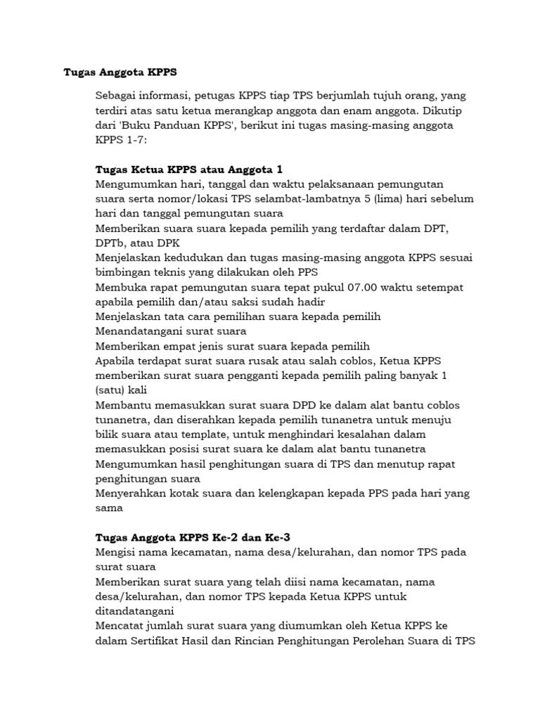 Tugas Anggota KPPS 2024 | PDF