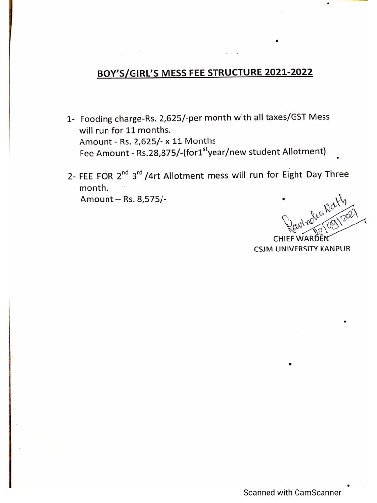 Mess Fee Structure | PDF