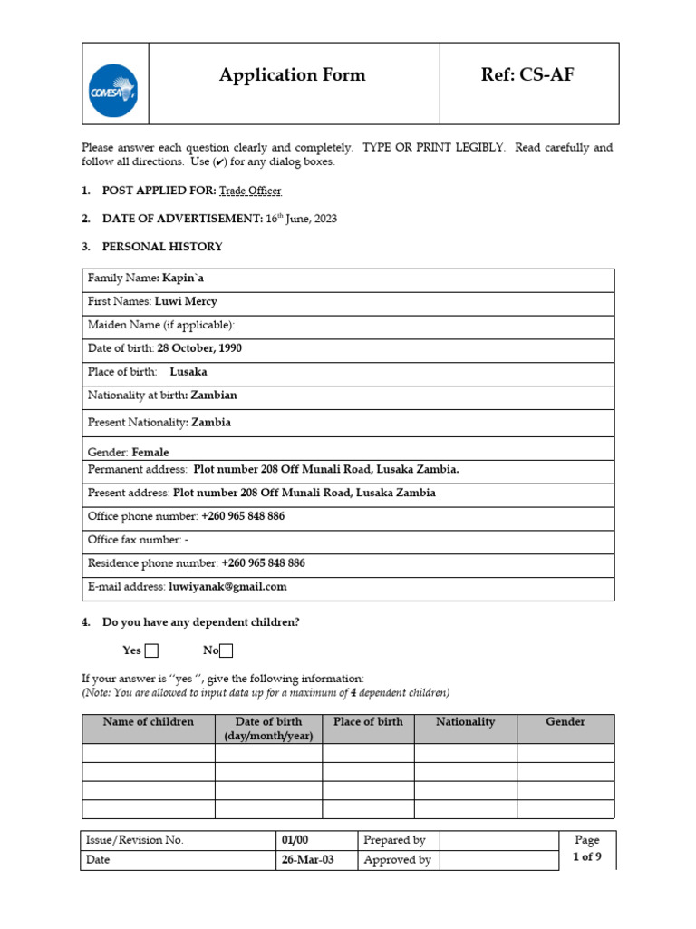 120615_COMESA-Job-Application-Form | Download Free PDF | Banks | Business