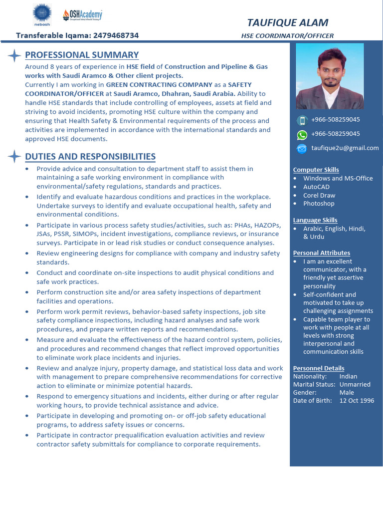 Aramco Approved Safety Officer Profile | PDF | Safety | Occupational ...