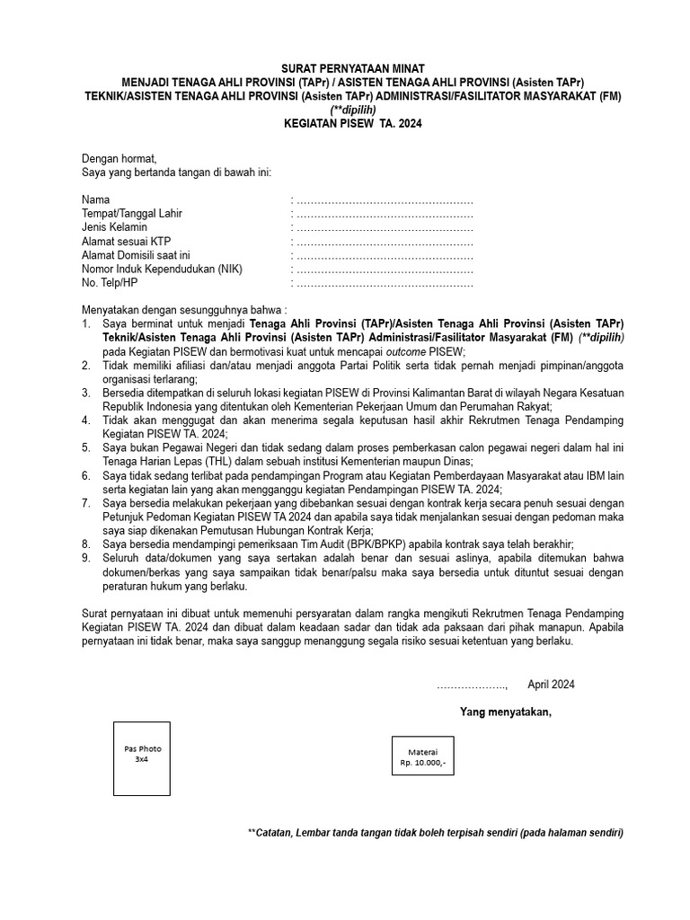 Pengumuman Rekrutmen Tenaga Pendamping Pisew 2024 Kalbar1 | PDF
