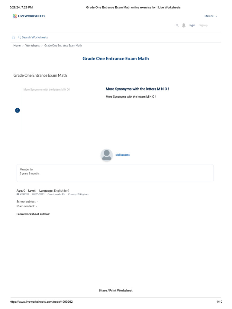 Grade One Entrance Exam Math Online Exercise For - Live Worksheets ...