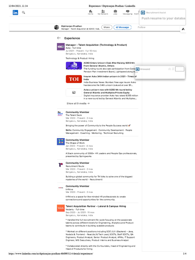 Experience - Diptiranjan Pradhan - LinkedIn | PDF | Recruitment | Linked In