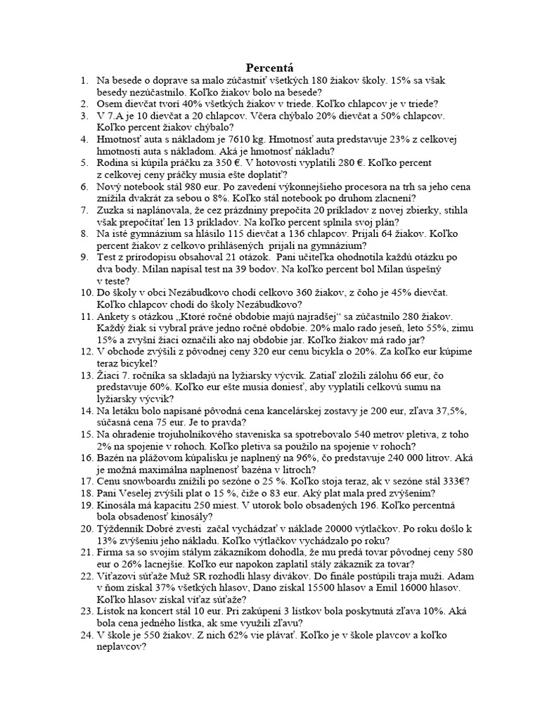 Percentá-Slovné Úlohy | PDF