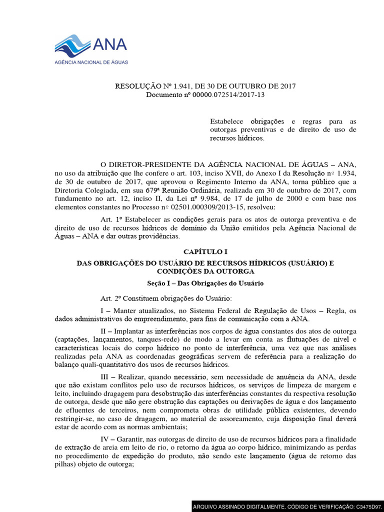 Resolução ANA Nº 1.941 de 2017 - Revoga N° 833 de 2011 - Estabelece ...