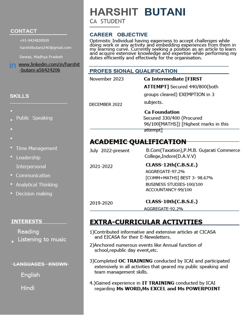 CA Articleship Resume | PDF