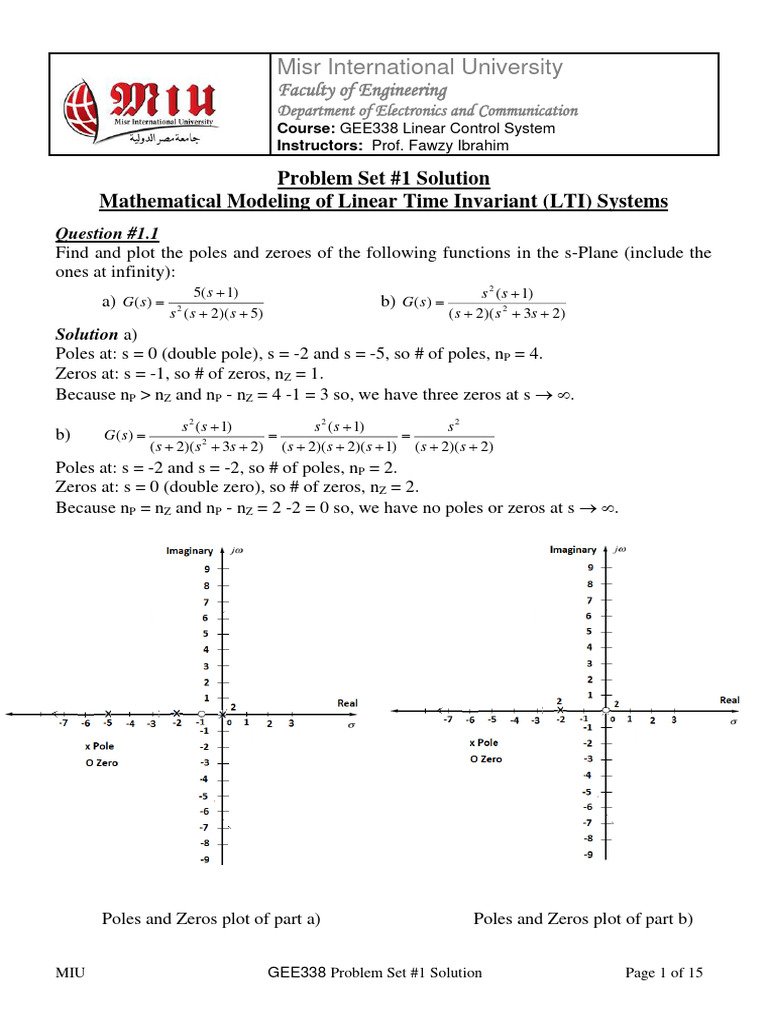GEE338 Problem Set #1 Solution Modeling of LTI Systems | PDF | Laplace Transform | Mechanics