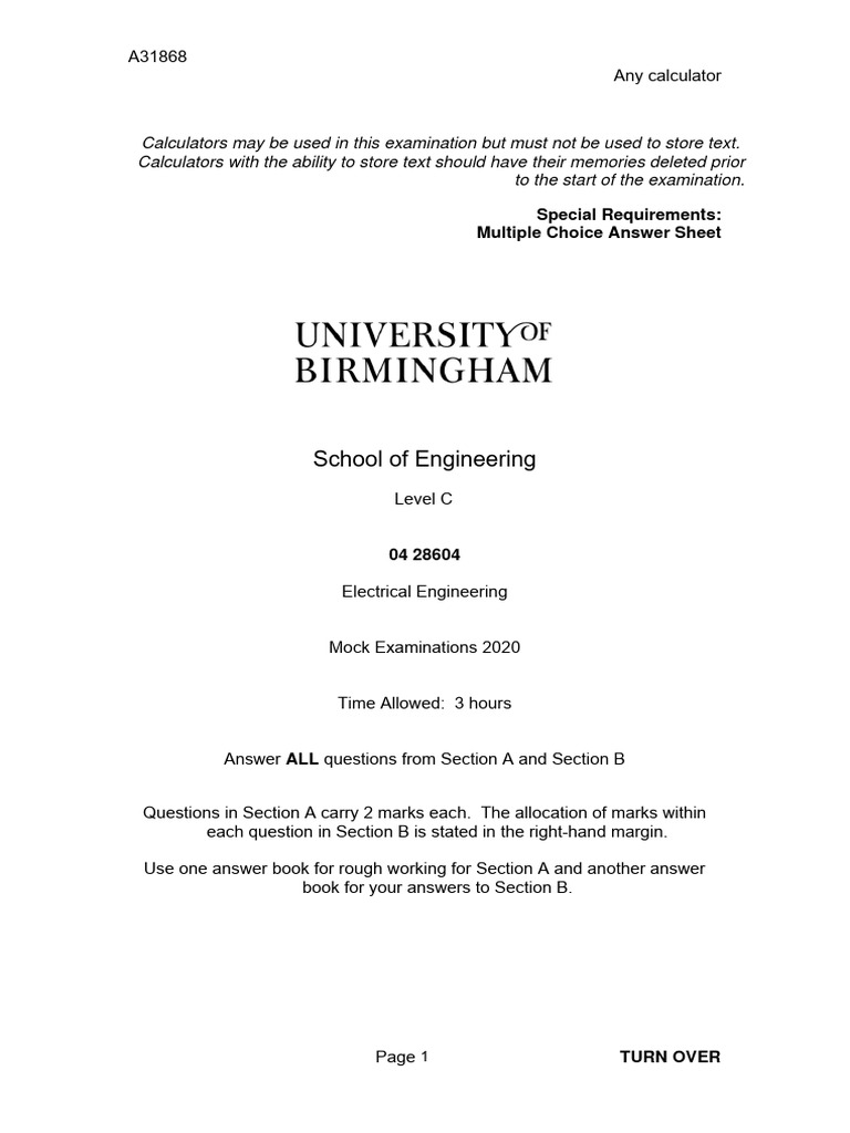 Electrical Engineering 1 Mock Exam 2020 | PDF | Electrical Network | Electricity