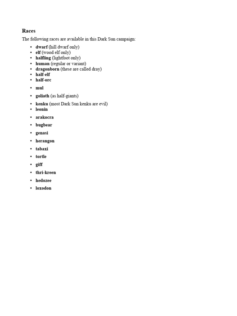 Dark Sun Campaign Races Overview | PDF | General Fiction