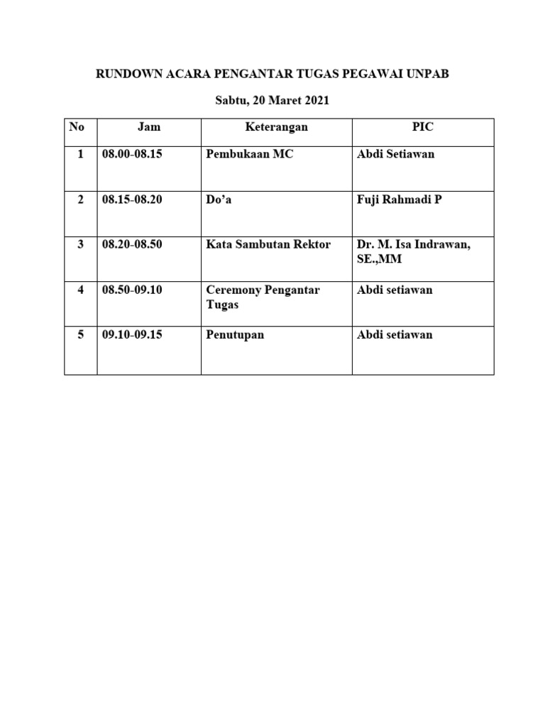 Rundown Acara Pengantar Tugas UNPAB | PDF