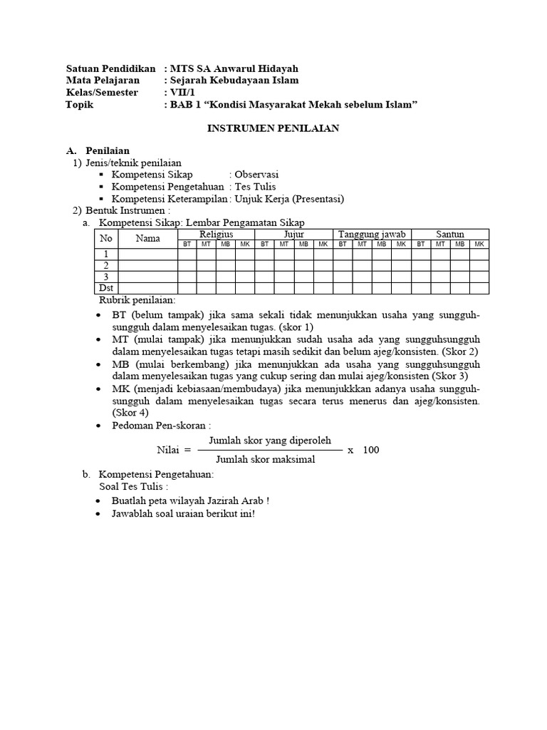 INSTRUMEN PENILAIAN TA 2018-2019 Semester 1 | PDF | Karier & Perkembangan