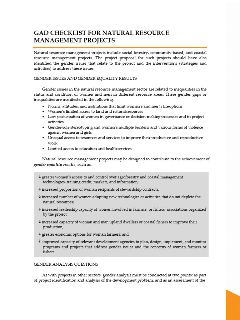 GAD Checklist For Natural Resource Management | PDF | Gender | Gender ...