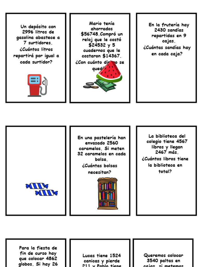 Tarjetas Con Problemas Matematicos | Descargar gratis PDF | Alimentos ...