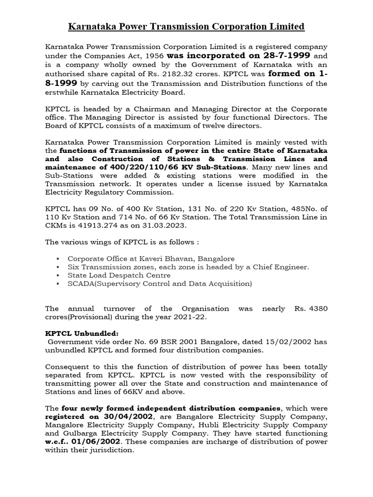 Kptcl About Us Pdf Electric Power Transmission Electrical Substation