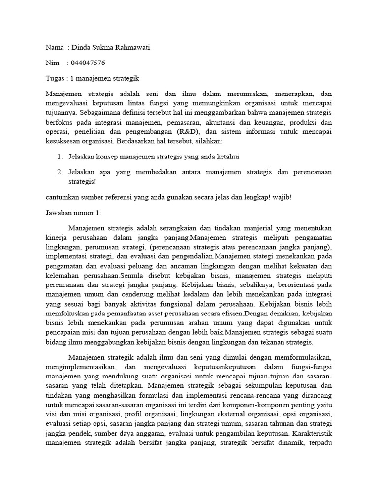 File Tugas 1 Manajemen Srtategik (Dinda Sukma Rahmawati 044047576) | PDF | Karier & Perkembangan ...
