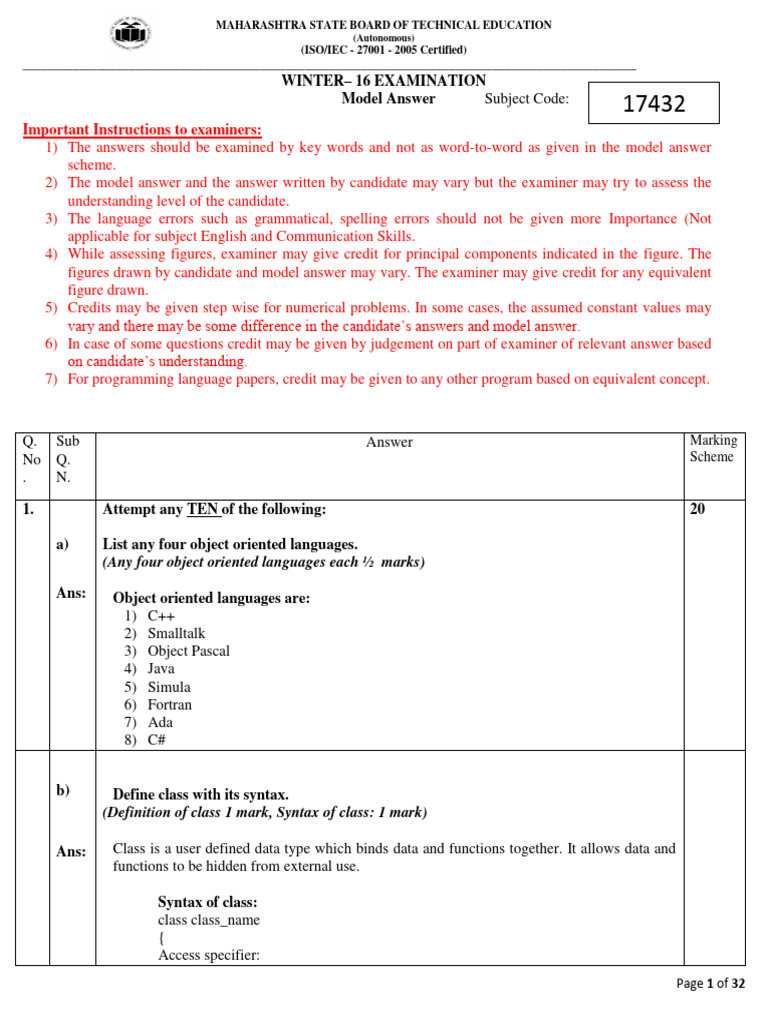 Oop17432 Winter2016 Model Answer Paper | PDF | Class (Computer Programming) | Object Oriented ...