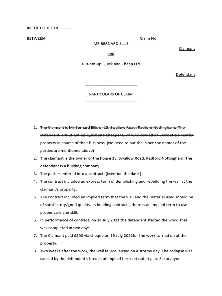 Claim for Damages Against Builder | PDF | Damages | Breach Of Contract