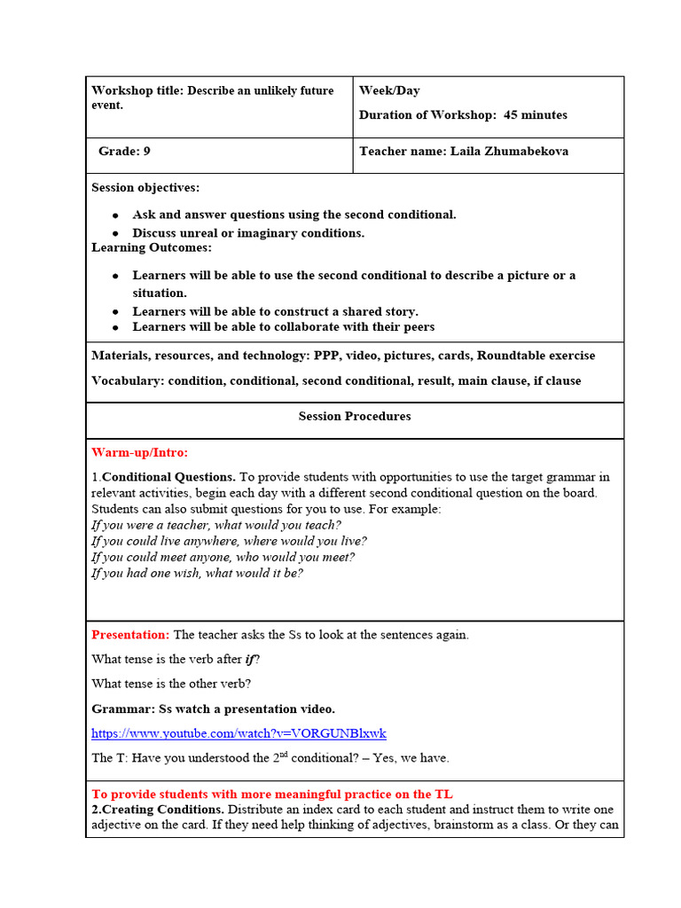 Laila. Lesson plan-2nd COND | PDF | Learning | Teachers