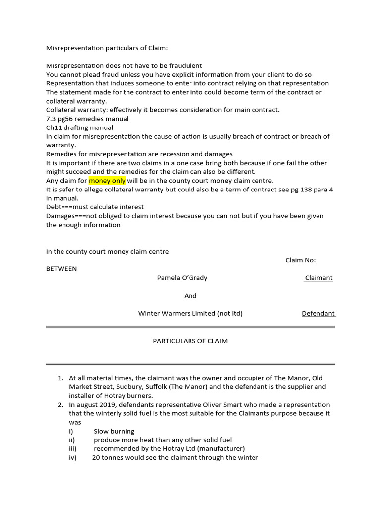 Misrepresentation Particulars of Claim | PDF | Misrepresentation | Legal Remedy