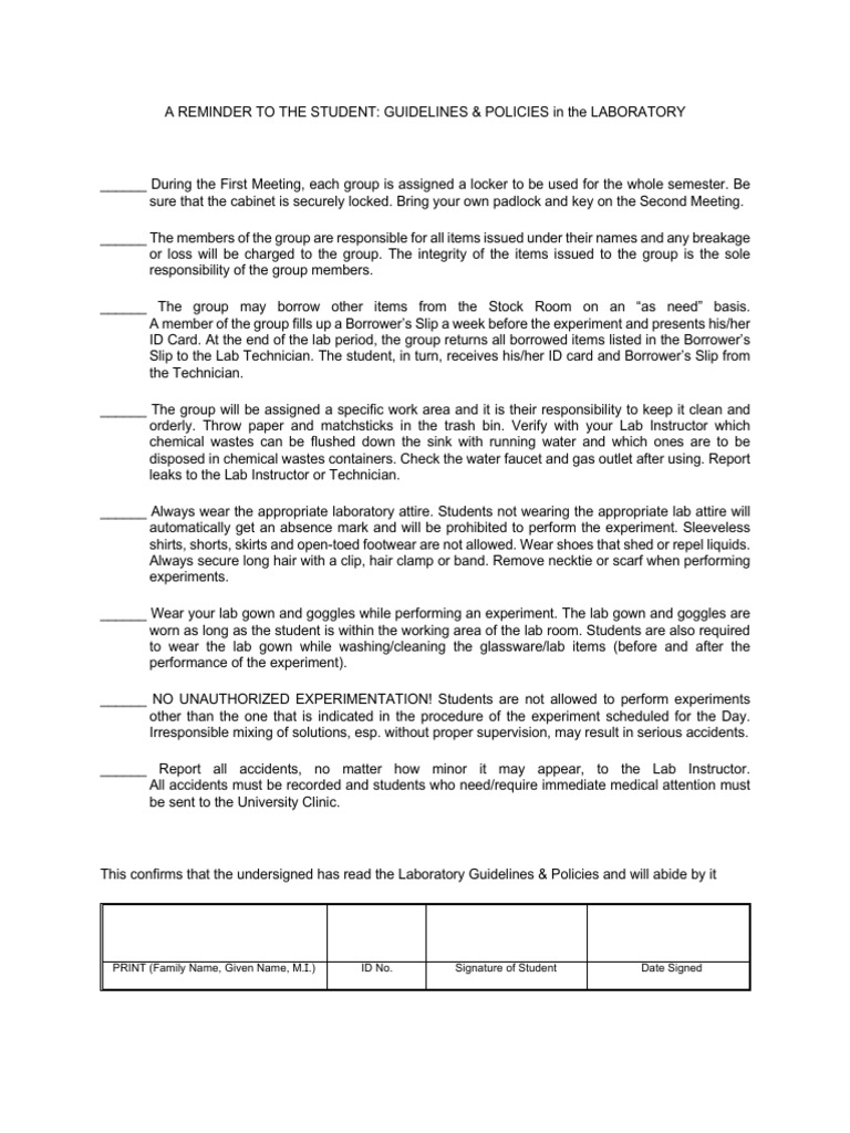 Laboratory Guidelines & Policies Reminder | PDF | Laboratories | Fashion