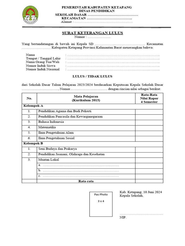 Surat Keterangan Lulus SD Ketapang 2024 | PDF