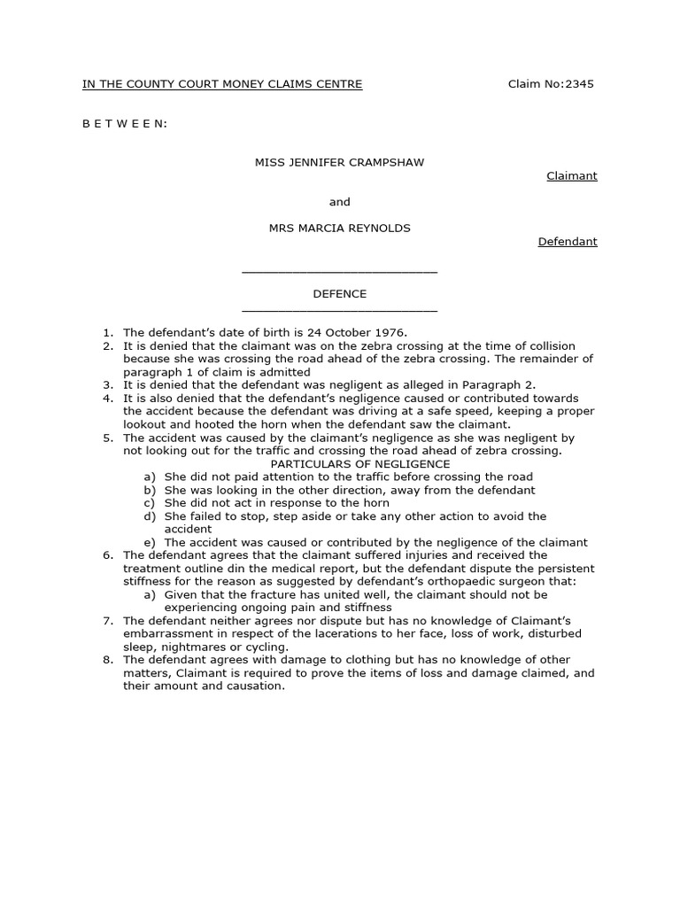 Drafting Defence Sample | PDF | Negligence | Common Law