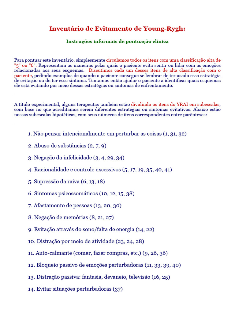Inventário de Evitamento de Young-Rygh - Instruções Informais de ...