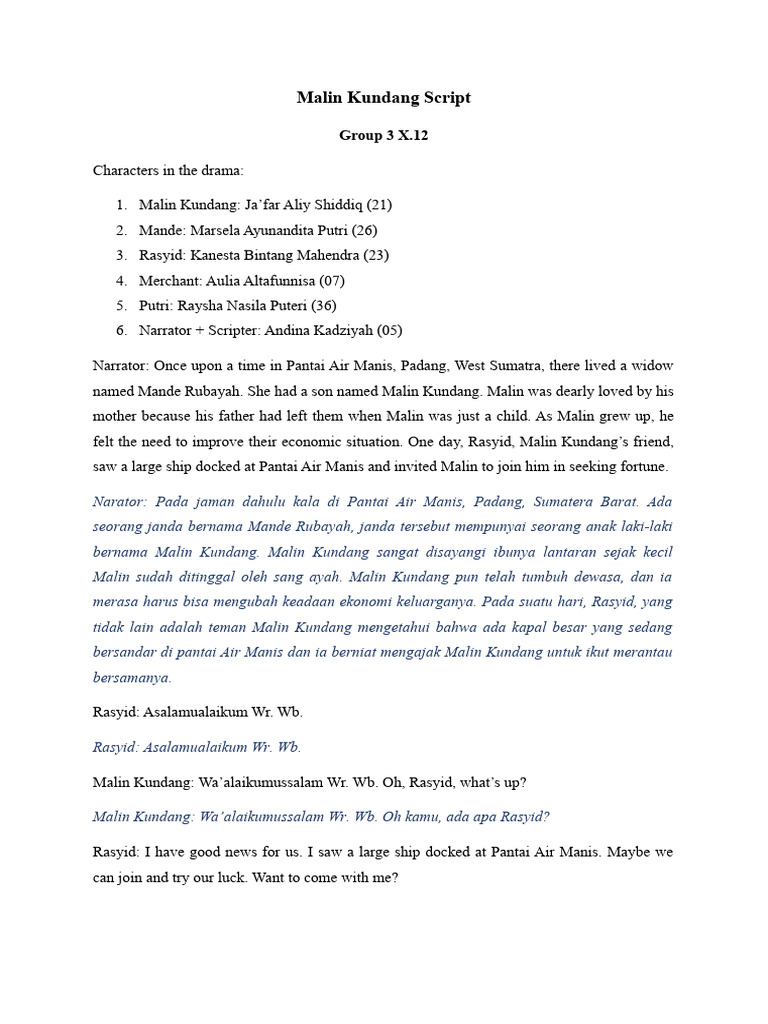 Script Drama Inggris Kls 10 Malin Kundang | PDF