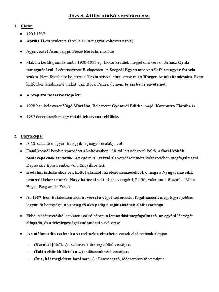 József Attila - utolsó vershármasa | PDF