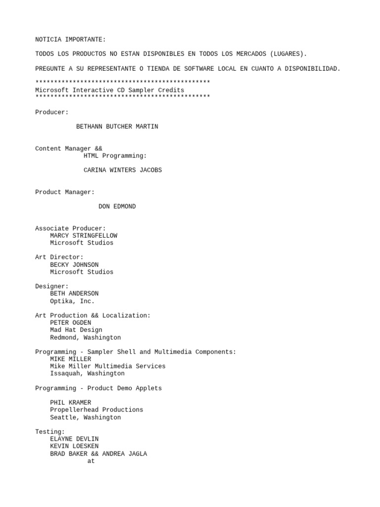 Credits Microsoft Interactive CD Sampler Credits | PDF | Copyright