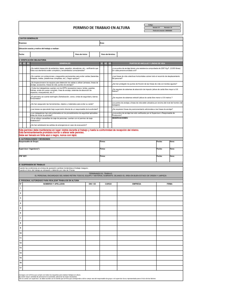 Permiso Escrito de Trabajo de Alto Riesgo - Altura (PETAR) | PDF