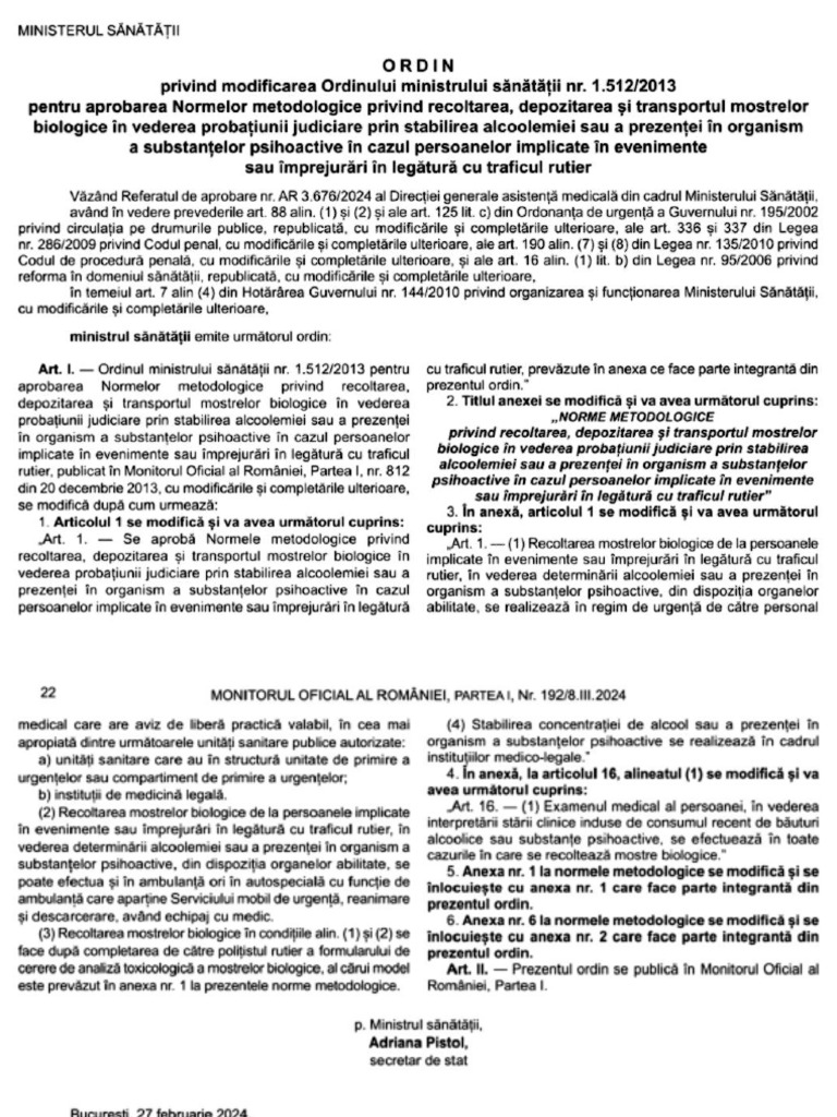 OMS 1252 Modif. Procedură Cerere Recoltare Probe Biologice Alcool Droguri Cond. Auto | PDF