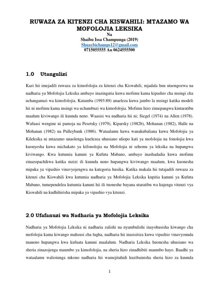 Ruwaza Za Kitenzi Cha Kiswahili Mtazamo | PDF