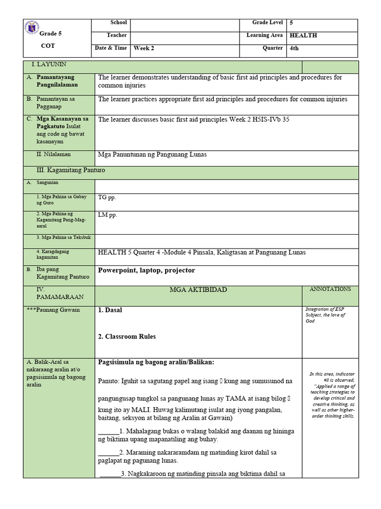 Health 5 Q4 W 2 Natutukoy Ang Mga Panuntunan NG Pangunang Lunas | PDF