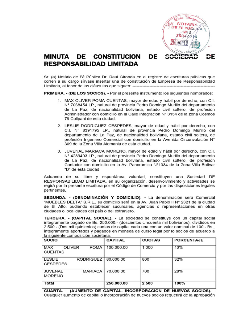 Minuta de Constitucion Delta S.R.L.-2 | PDF | Negocios | Derecho