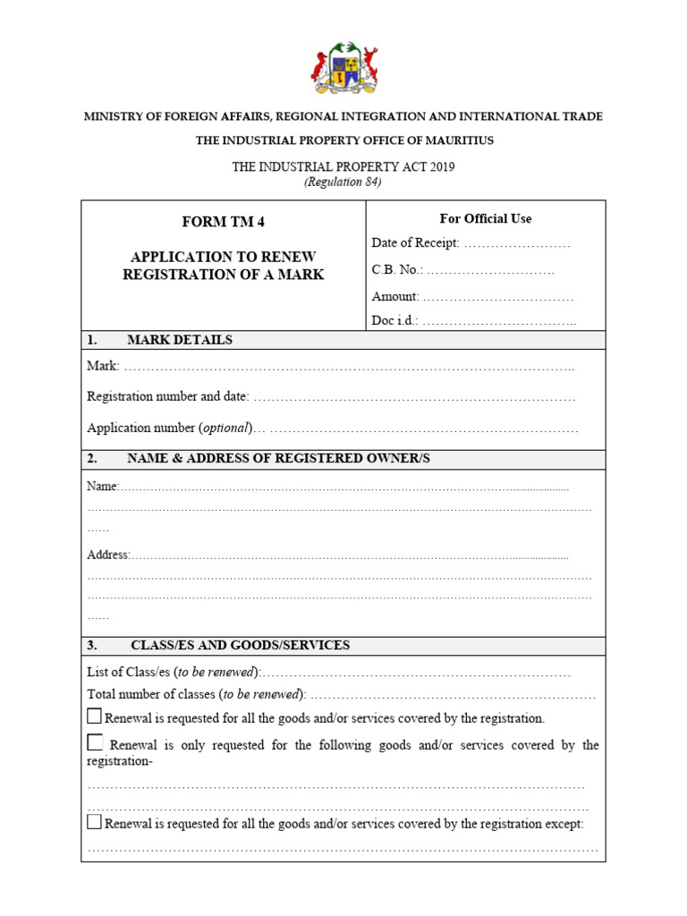 APPLICATION TO RENEW REGISTRATION OF A MARK FORM Mauritius | PDF