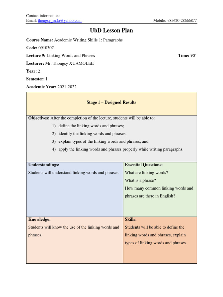 Leson Plan For Lecture 9 - Linking Words and Phrases | PDF | Subject ...
