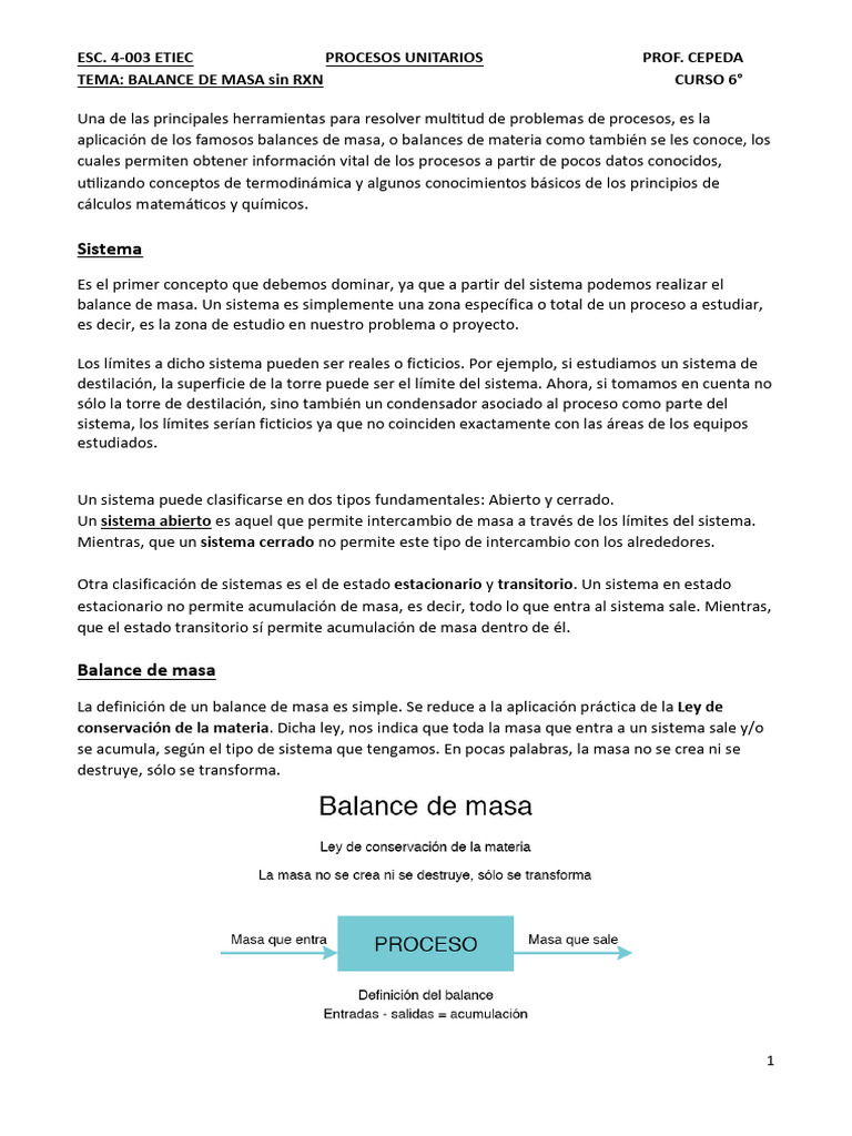 Balance de Masas Sin RXN Qca - Teor-A y TP | PDF | Masa | Destilación