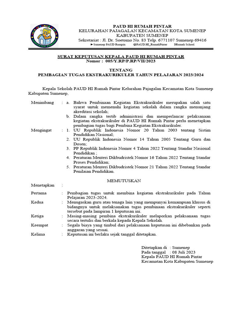 SK Penugasan Guru 2023-2024 | PDF