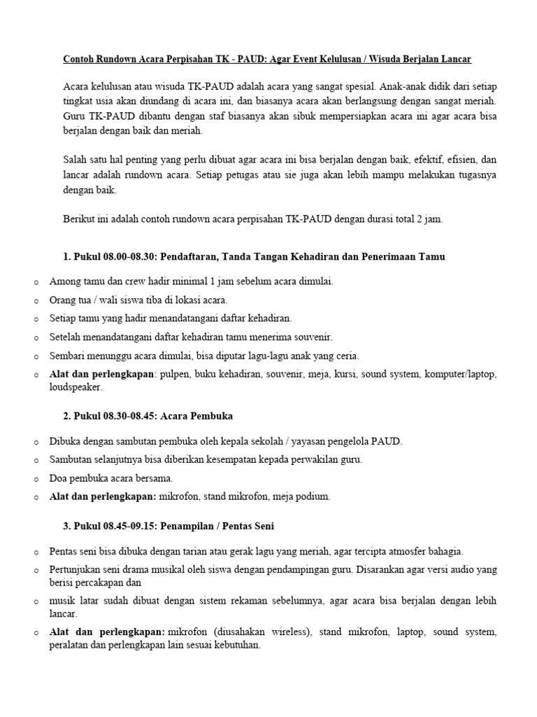 Contoh Rundown Acara Perpisahan TK | PDF