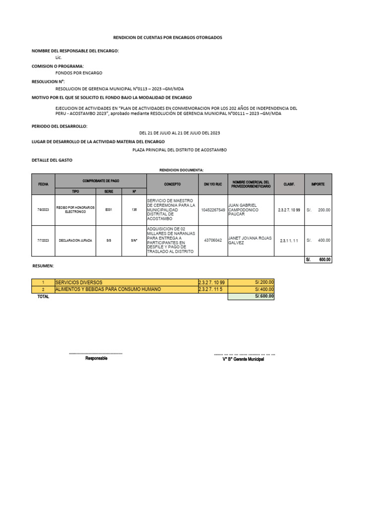 Rendición de Cuentas: Encargos Acostambo 2023 | PDF