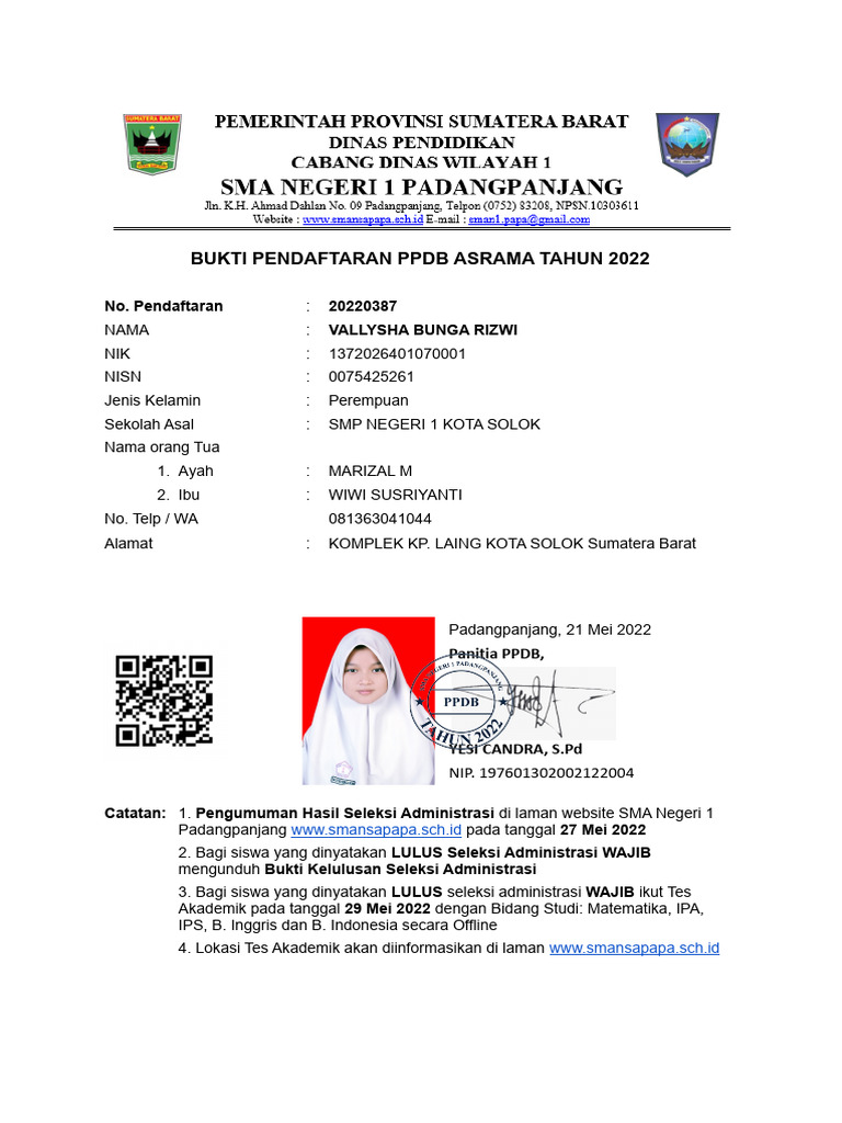 Bukti Pendaftaran PPDB Asrama 2022 | PDF