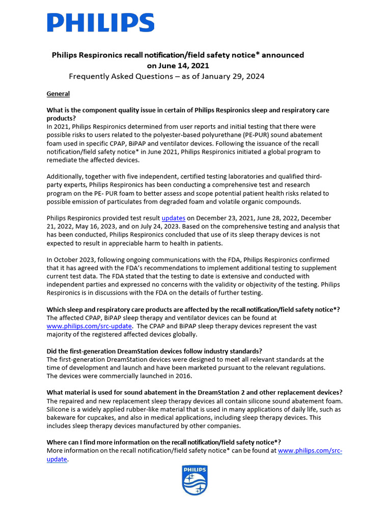 Philips Respironics Recall Update | PDF | Food And Drug Administration ...