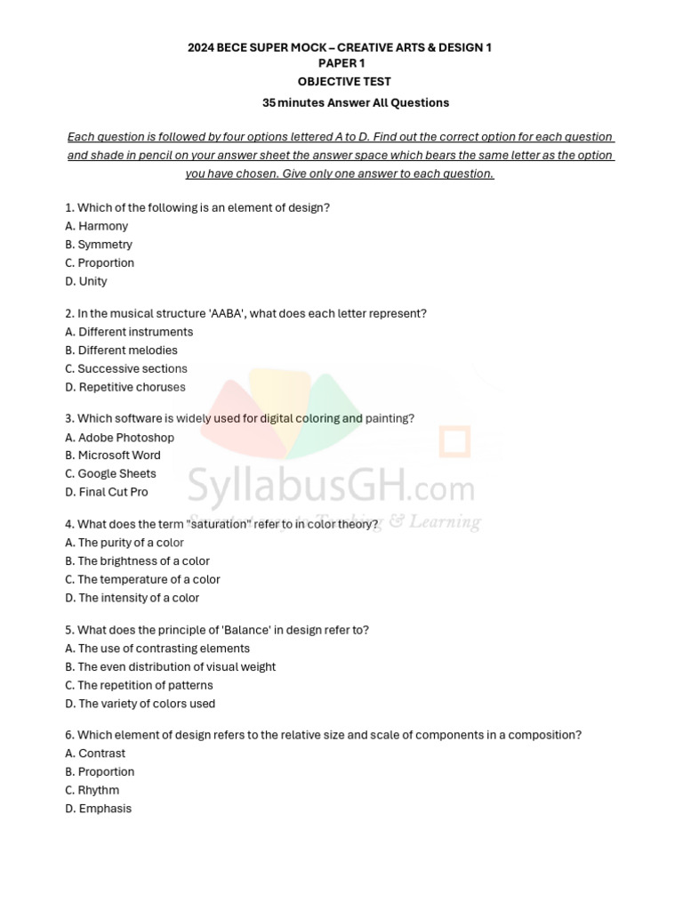 2024 BECE Creative Arts Mock Exam | PDF | Drawing | Color